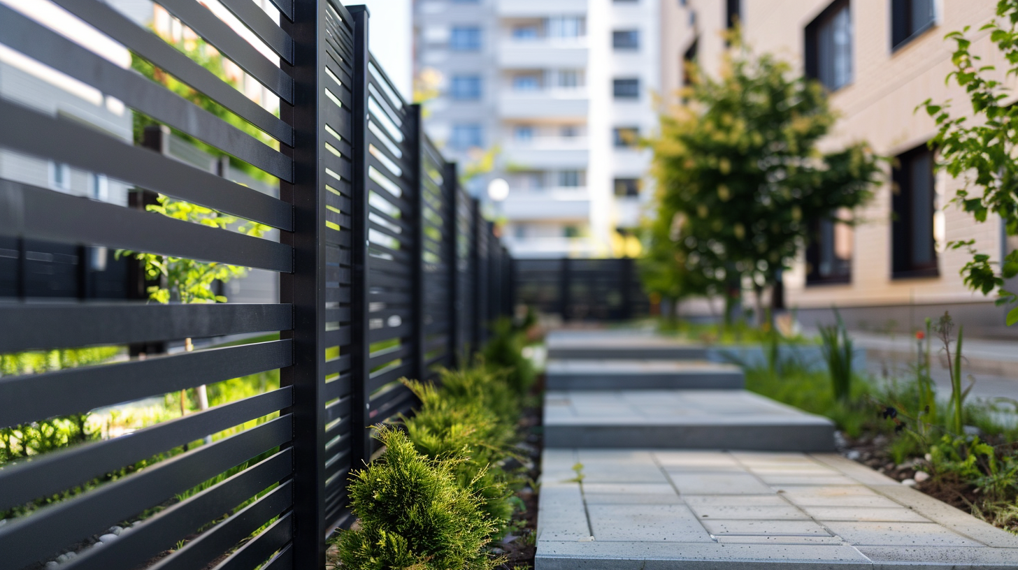 Residential Fence Made Of Black Metal Slats – GLD-LAB. EX GALLERY
